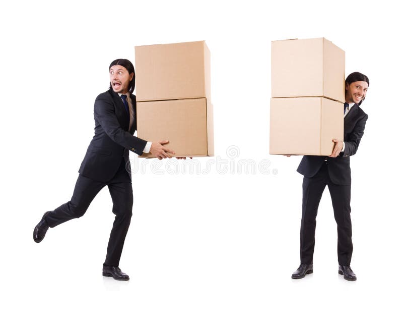 Funny Man with Boxes on White Stock Image - Image of package ...