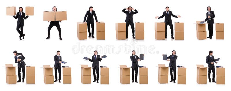 Funny Man with Boxes on White Stock Image - Image of carrying, business ...