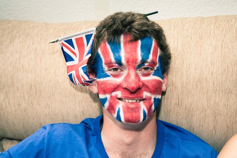 Funny Man With British Flag Painted On Face Stock Photo - Image: 42828571