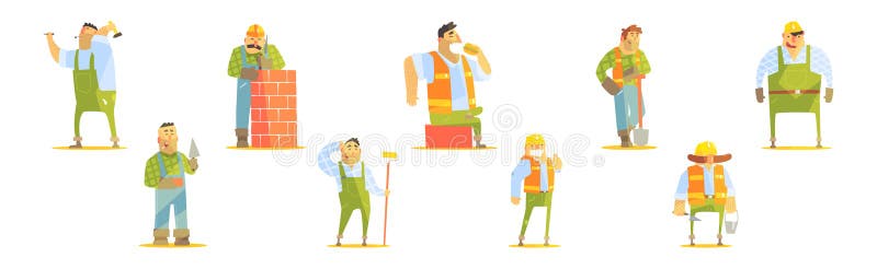 Funny Man Builder Character Work at Construction Site Vector Set Stock ...
