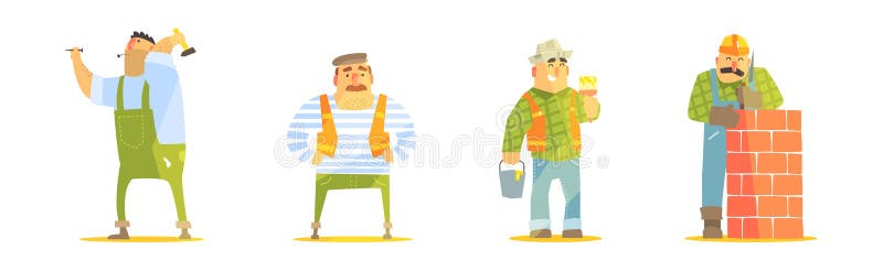 Funny Man Builder Character Work at Construction Site Vector Set Stock ...