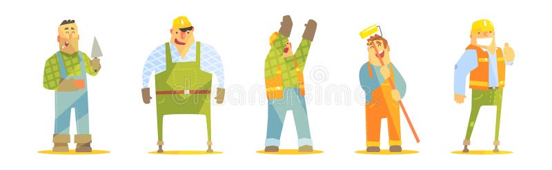 Funny Man Builder Character Work at Construction Site Vector Set Stock ...