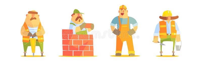Funny Man Builder Character Work at Construction Site Vector Set Stock ...