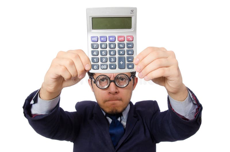 Funny Man with Calculator Isolated on White Stock Image - Image of ...
