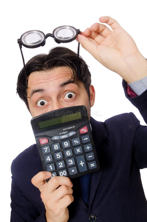 Funny Man with Calculator Isolated on White Stock Image - Image of ...