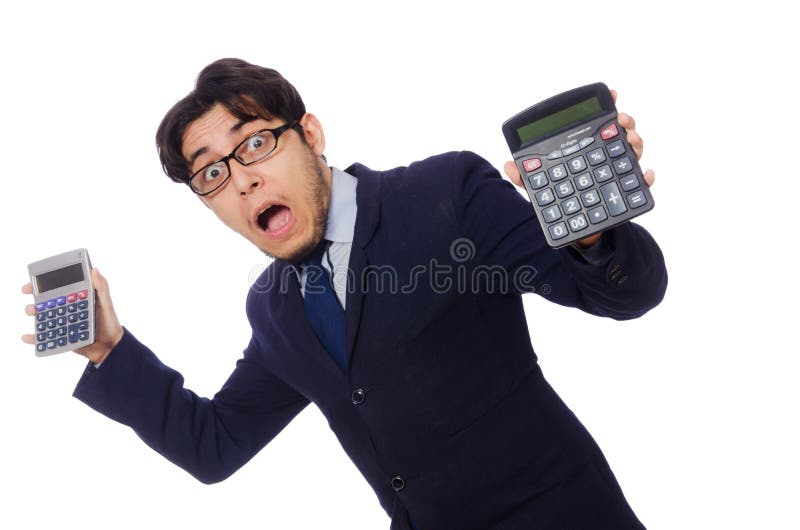 Funny Man with Calculator Isolated on White Stock Image - Image of ...