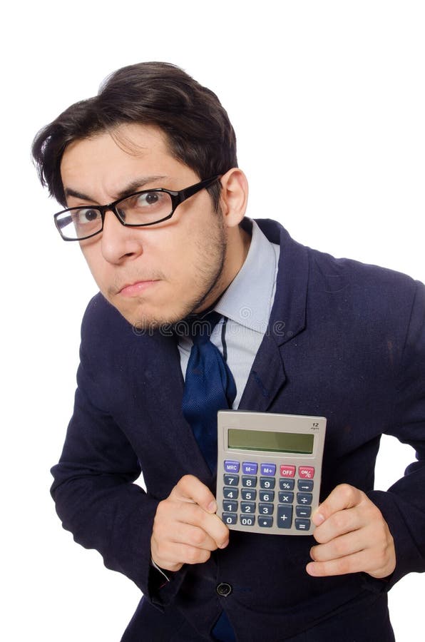 Funny Man with Calculator Isolated on White Stock Photo - Image of ...