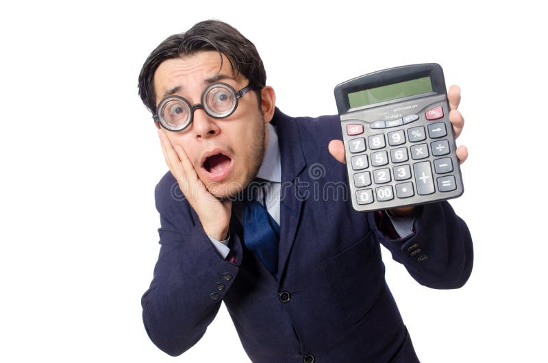 Funny Man with Calculator Isolated on White Stock Image - Image of ...