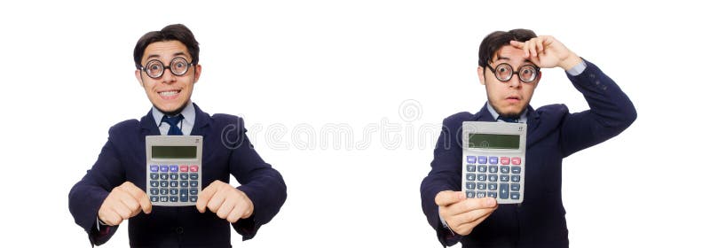 The Funny Man with Calculator on White Stock Photo - Image of composite ...