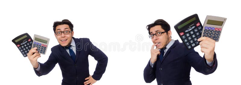 The Funny Man with Calculator on White Stock Photo - Image of creative ...