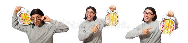 The Funny Man with Clock Isolated on White Stock Image - Image of ...