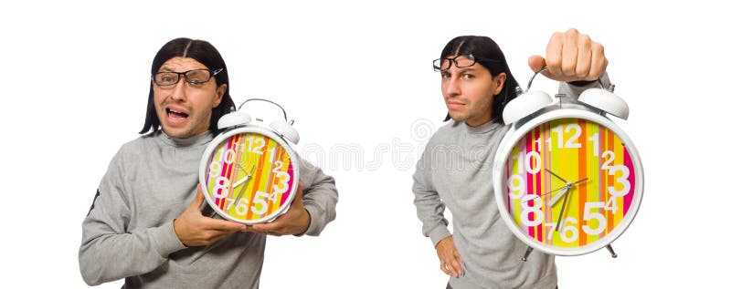 The Funny Man with Clock Isolated on White Stock Photo - Image of lazy ...