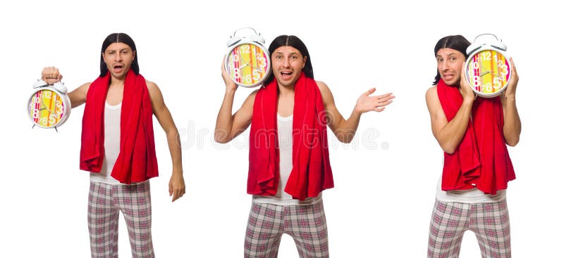 The Funny Man with Clock Isolated on White Stock Photo - Image of lazy ...