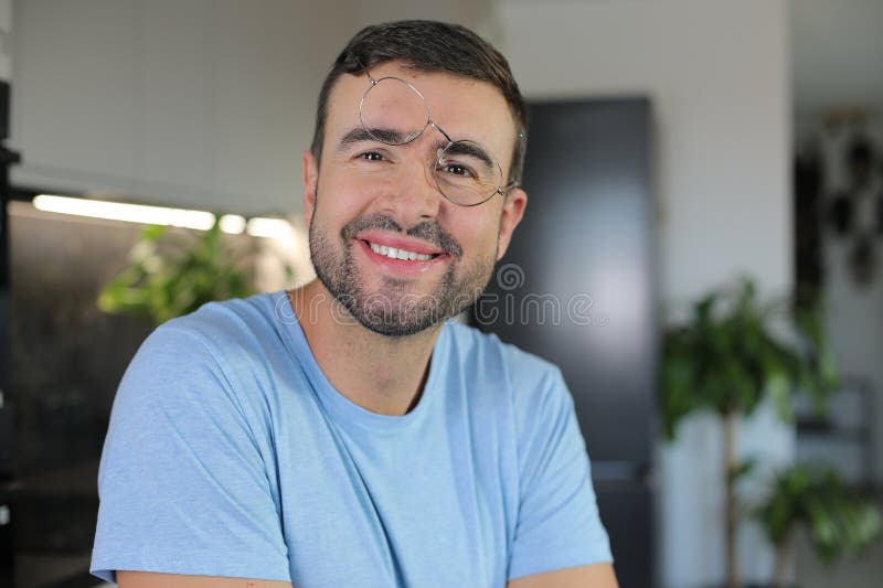 Funny Man with Crooked Eyeglasses Stock Photo - Image of displeased ...