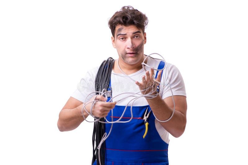 The Funny Man Doing Electrical Repair Stock Photo - Image of funny ...