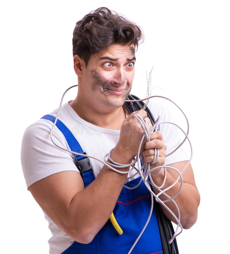 Funny Man Doing Electrical Repair Stock Photo - Image of scared ...