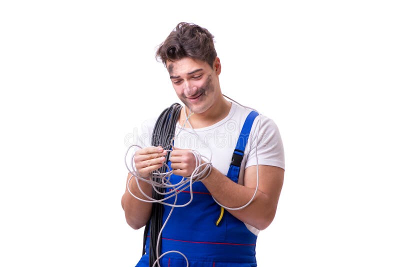 The Funny Man Doing Electrical Repair Stock Photo - Image of ...