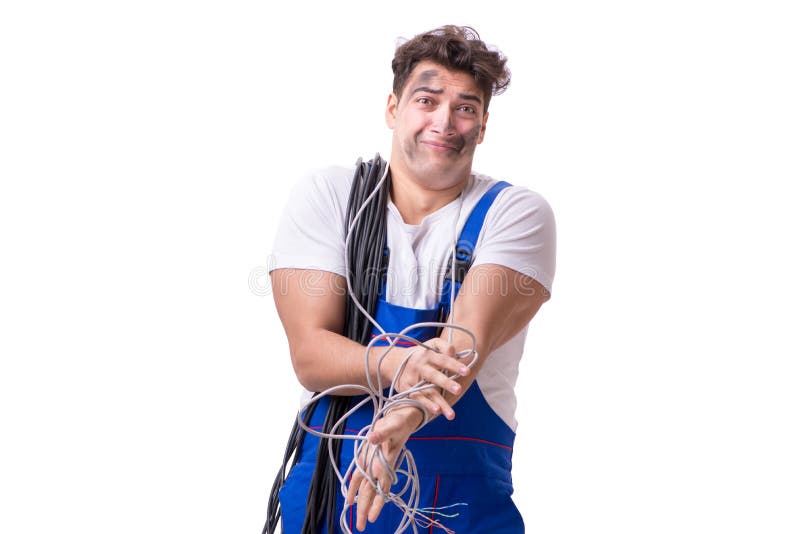 The Funny Man Doing Electrical Repair Stock Photo - Image of power ...