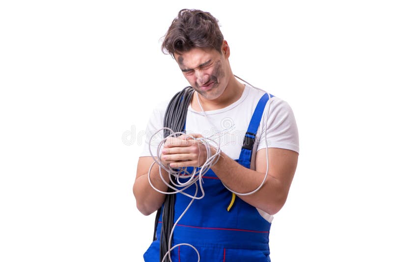 The Funny Man Doing Electrical Repair Stock Photo - Image of scared ...