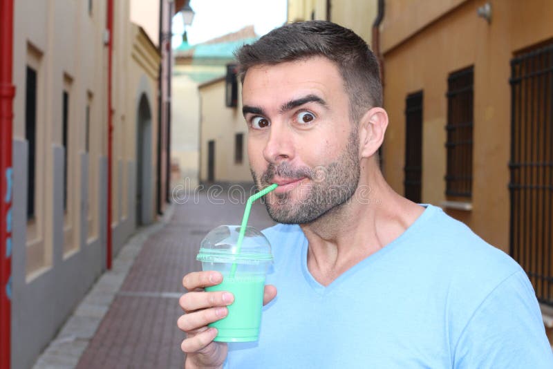 Funny Man Drinking a Shake Outdoors Stock Image - Image of detox, meal ...