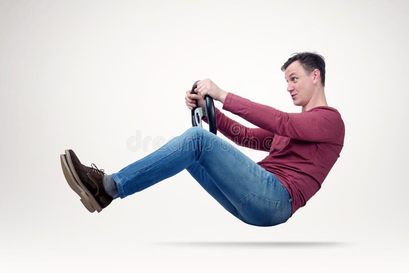 Funny Guy Drives an Imaginary Vehicle with Drawn Lines Around Hi Stock ...