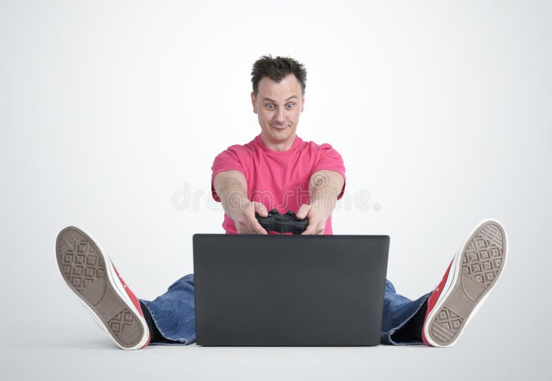 Funny Man Gamer Sitting on the Floor Playing on Laptop Stock Image ...