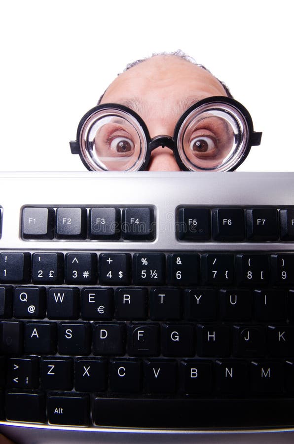 Funny Man with Keyboard Isolated on White Stock Photo - Image of ...