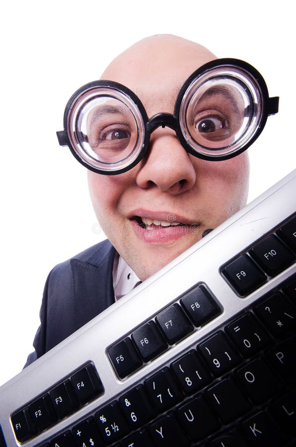 Funny Man with Keyboard Isolated on White Stock Photo - Image of ...