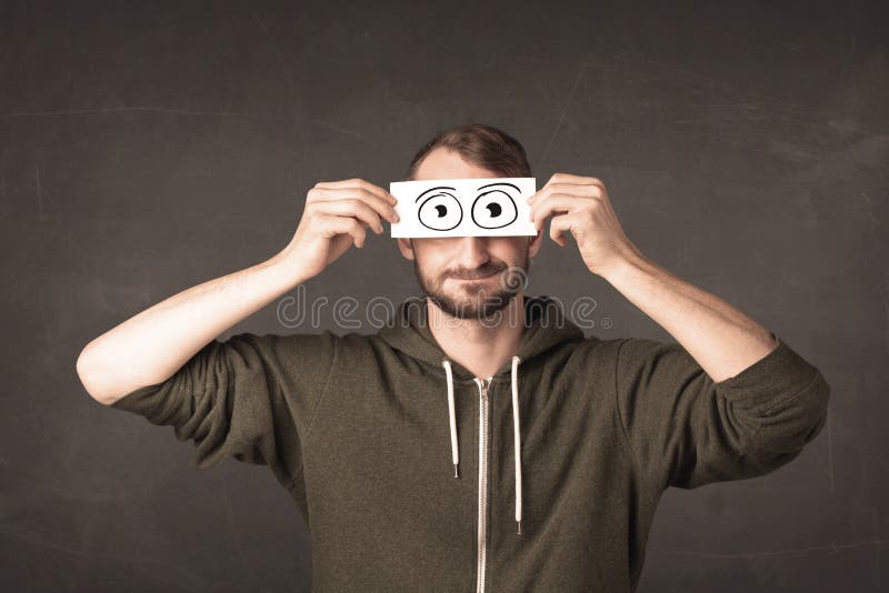 Funny Man Looking with Hand Drawn Paper Eyes Stock Photo - Image of ...