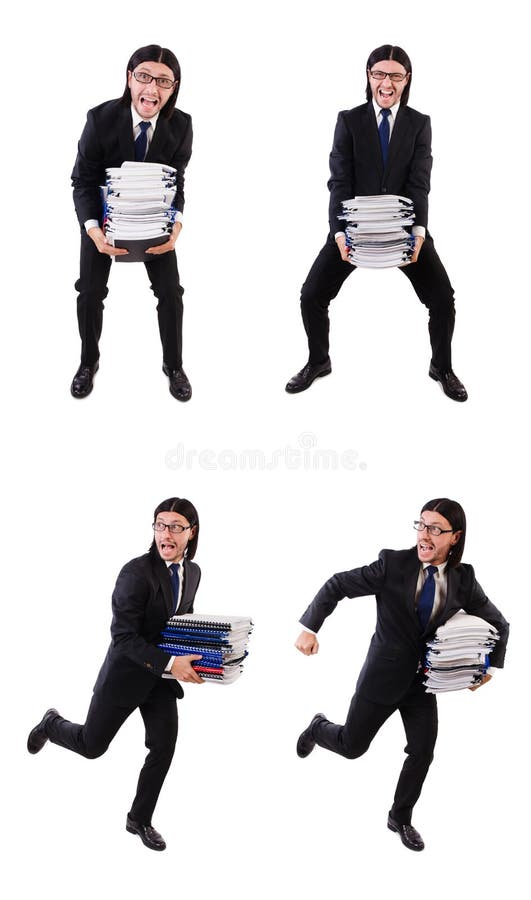 Funny Man with Lots of Papers on White Stock Image - Image of career ...