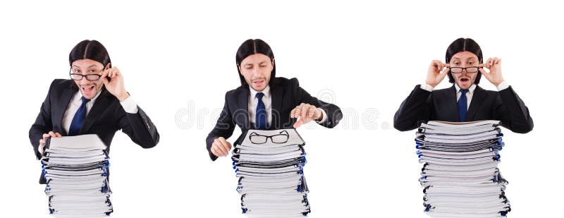 Funny Man with Lots of Papers on White Stock Image - Image of ...