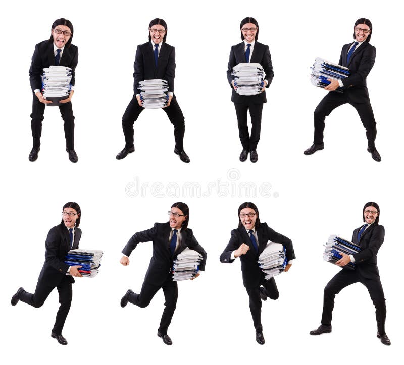 Funny Man with Lots of Papers on White Stock Image - Image of boss ...