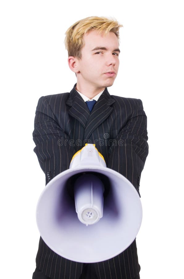 Funny Man with Loudspeaker on White Stock Image - Image of emotion ...
