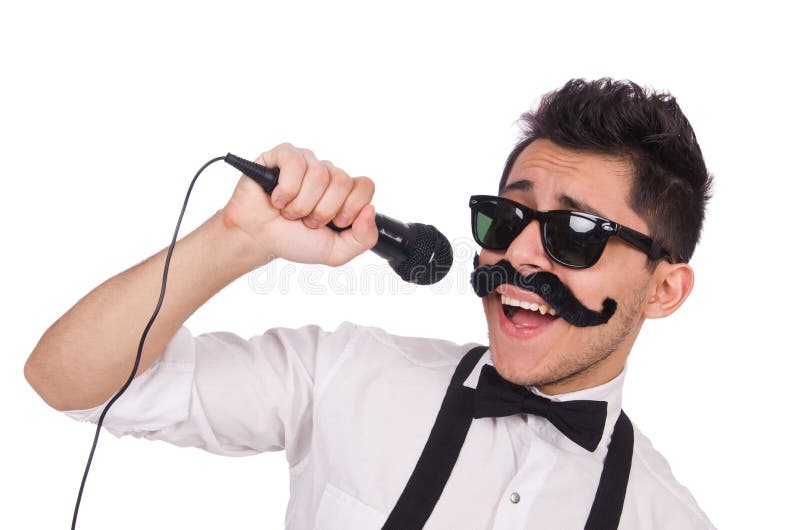 Funny Man with Mic Isolated on White Stock Image - Image of party ...