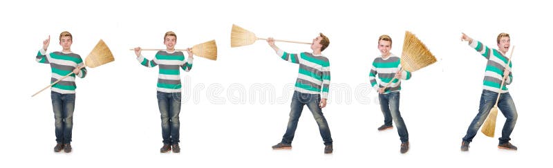 Funny Man with Mop Isolated on White Stock Photo - Image of cleaner ...