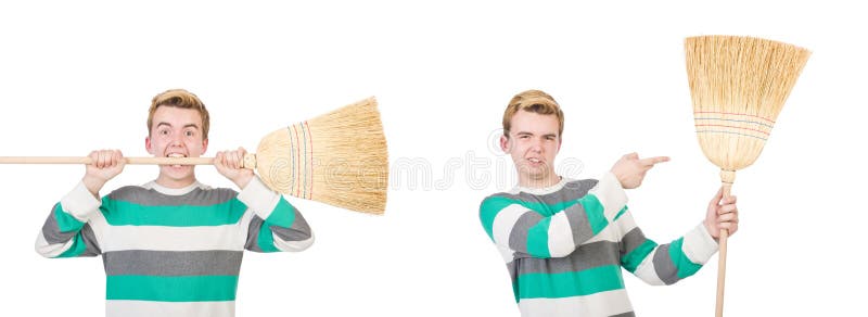 Funny Man with Mop Isolated on White Stock Photo - Image of clean ...