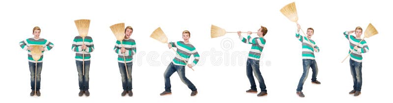 Funny Man with Mop Isolated on White Stock Photo - Image of cheerful ...