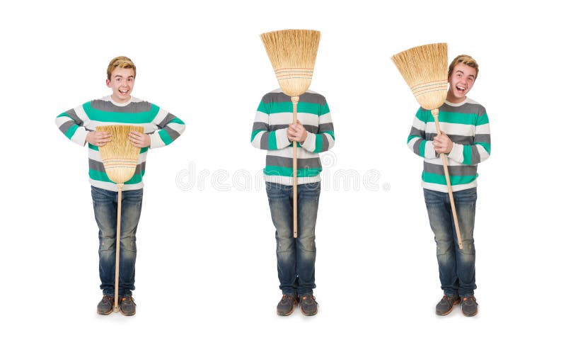 Funny Man with Mop Isolated on White Stock Photo - Image of humor, male ...
