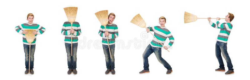 Funny Man with Mop Isolated on White Stock Photo - Image of broom ...