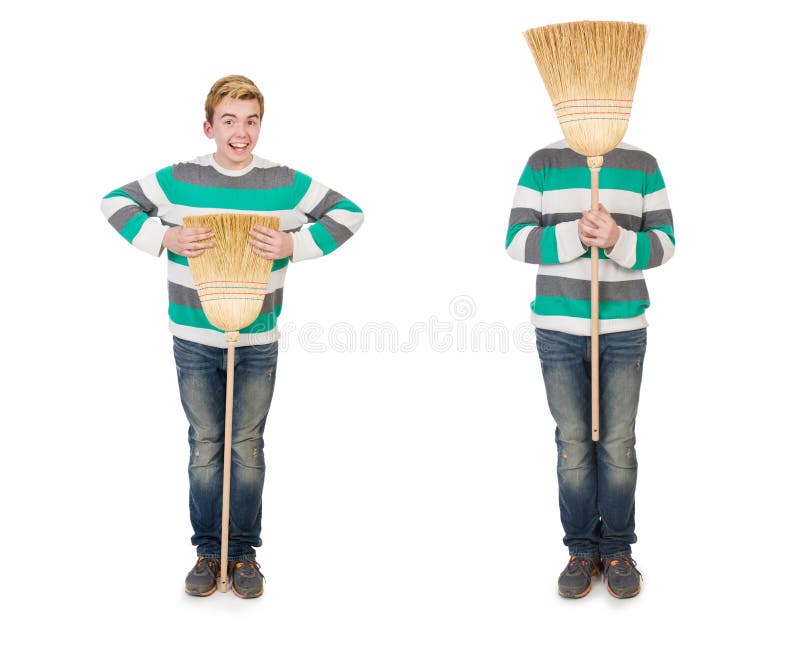 Funny Man with Mop Isolated on White Stock Photo - Image of male, clean ...