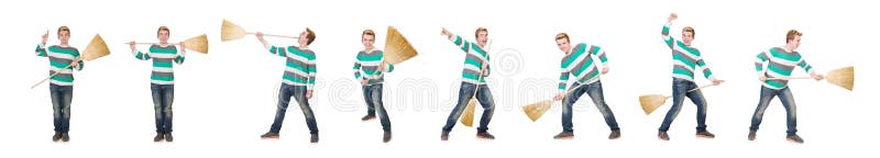Funny Man with Mop Isolated on White Stock Image - Image of domestic ...