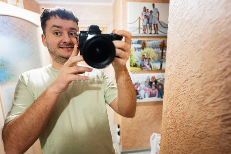 Funny Man Photographer Making Selfie with Camera in Mirror at Home ...