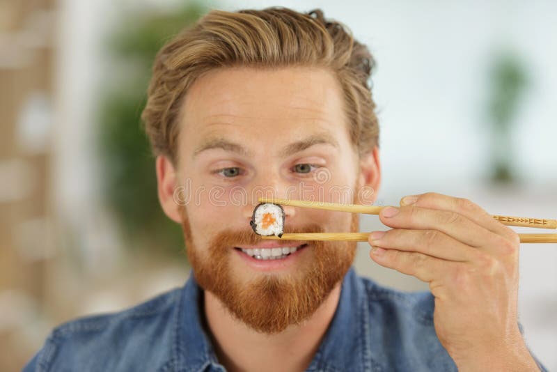Funny Man Playing with Sushi Stock Image - Image of happiness ...