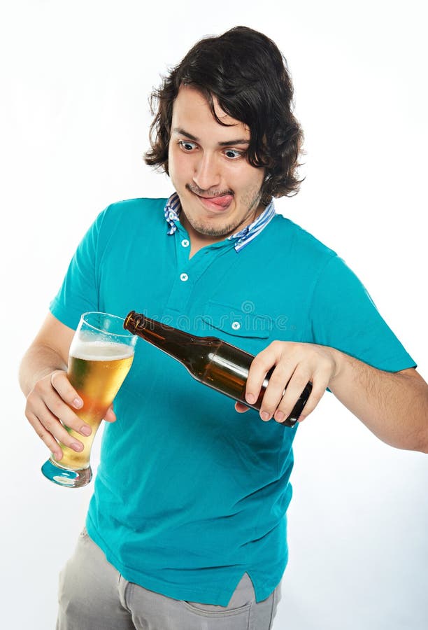 Funny man pouring beer stock image. Image of drunk, copyspace - 73550249