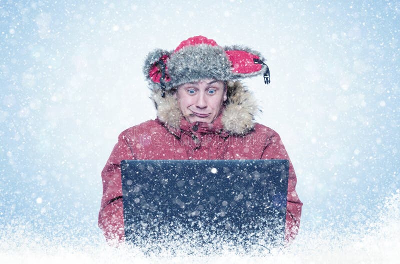 Funny Man Programmer in Red Winter Clothes with Laptop, Cold, Snow ...