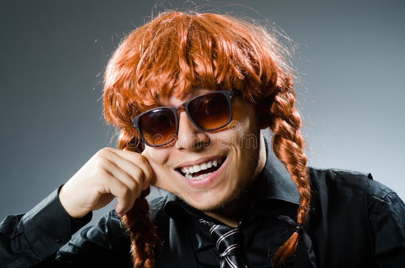 The Funny Man with Red Hair Wig Stock Photo - Image of funny, hair ...