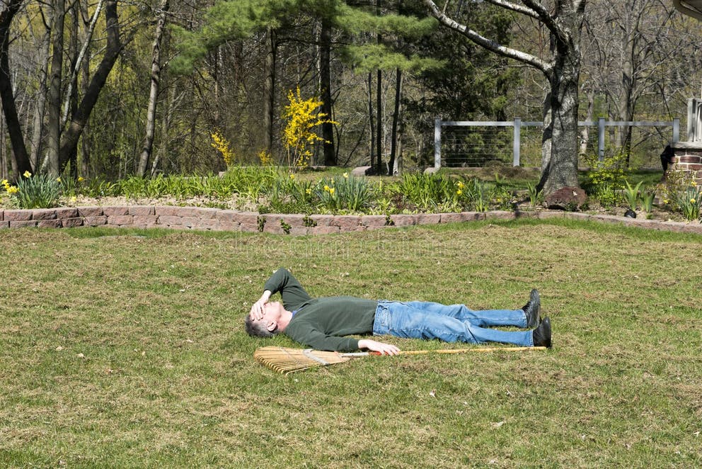 Funny Man Sick and Tired of Yard Work, Working Stock Image - Image of ...