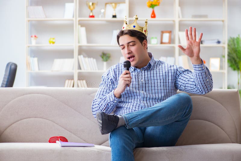 The Funny Man Singing Songs in Karaoke at Home Stock Image - Image of ...