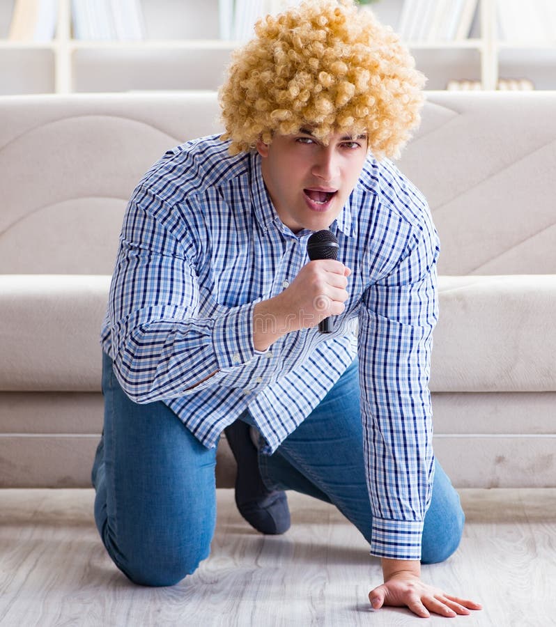 Funny Man Singing Songs in Karaoke at Home Stock Photo - Image of ...