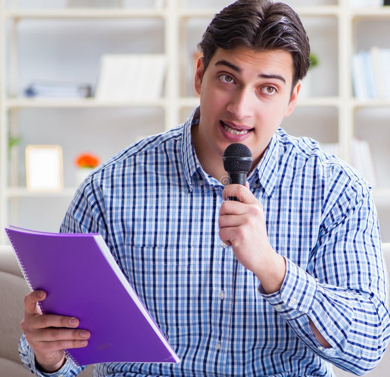 Funny Man Singing Songs in Karaoke at Home Stock Photo - Image of ...